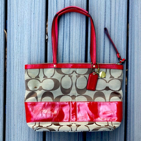 Coach | Bags | Coach Purse Tote Bag Red Leather Stripe Signature C ...